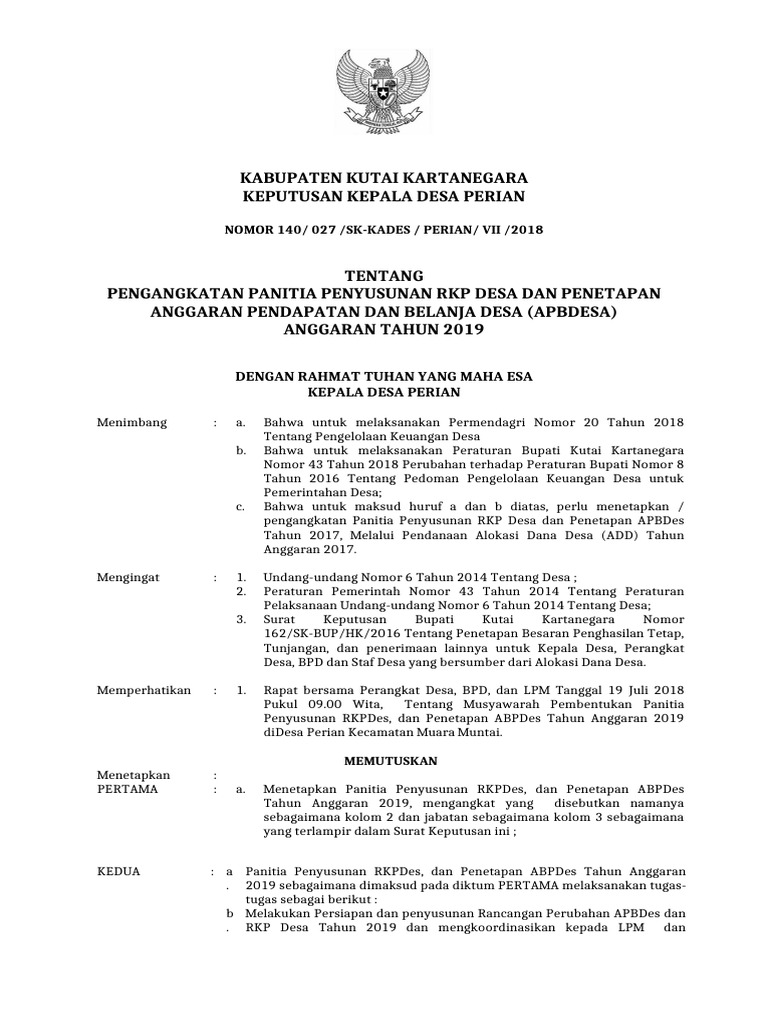 Pengangkatan Panitia RKPDes 2019 Perian | PDF