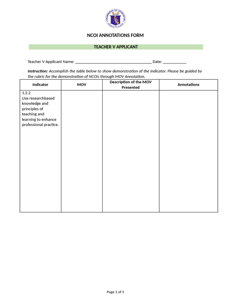 NCOI Annotation Form for Teacher V | PDF | Teachers | Learning