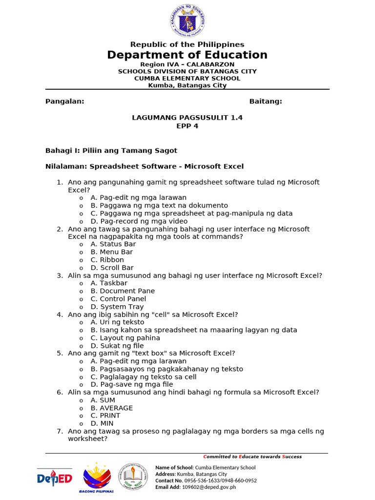 Lagumang Pagsusulit 1.4 Sa Epp | PDF