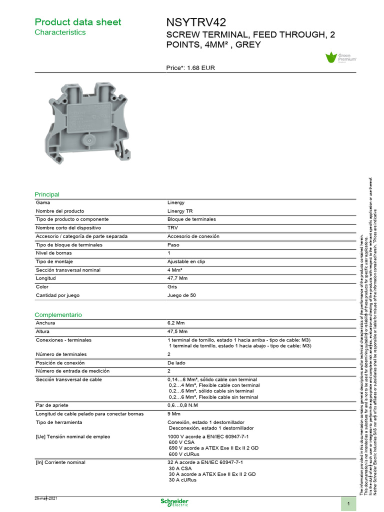Conector Borne Linergy TR Din 4 Mm2 32a m3 Gris - Nsytrv42 | PDF ...
