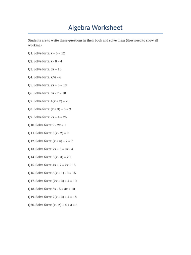 Algebra Worksheet No Examples | PDF