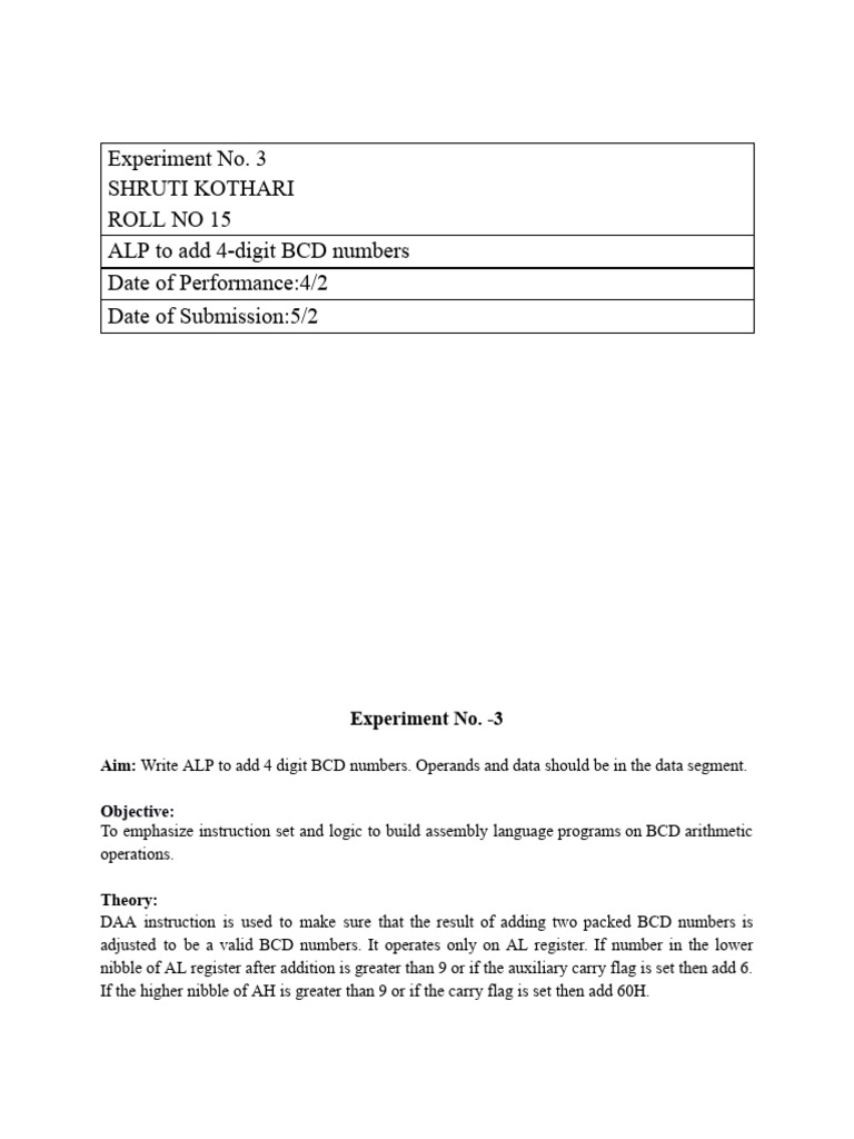 Experiment No 3 Roll No 15 Micropro | PDF | Binary Coded Decimal | Assembly Language