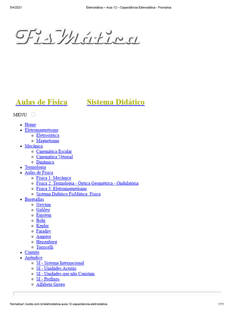 Eletrostática - Aula 12 - Capacitância Eletrostática | PDF | Eletrostática | Capacidade elétrica