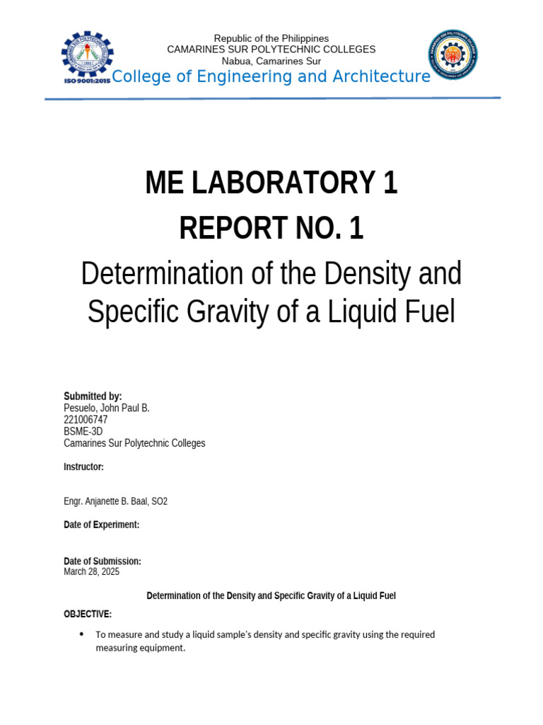 Me Laboratory-1 Experiment | PDF | Density | Quantity