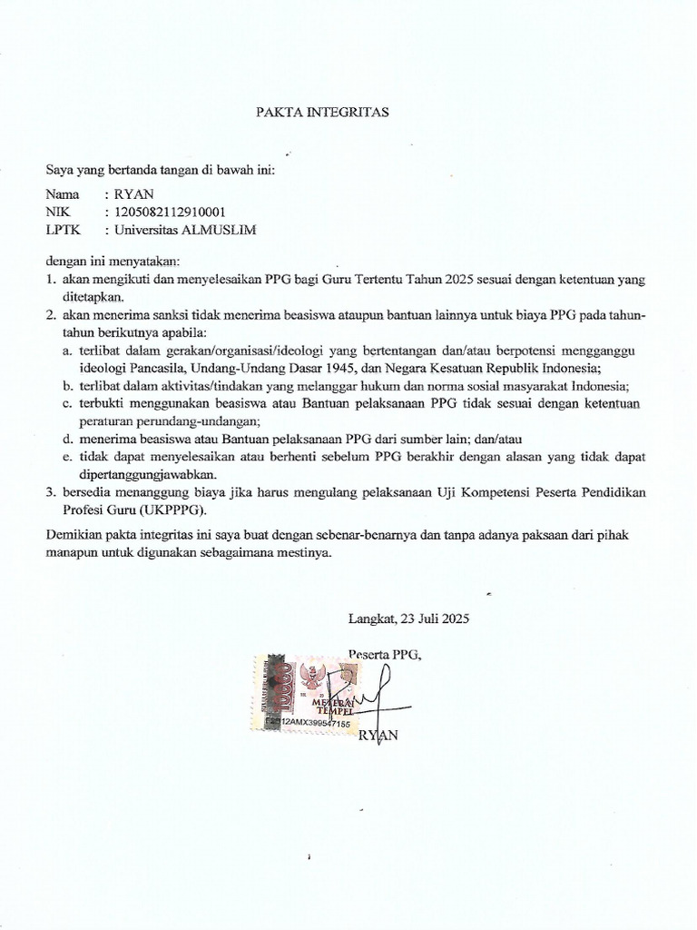 Pakta Integritas Ryan | PDF