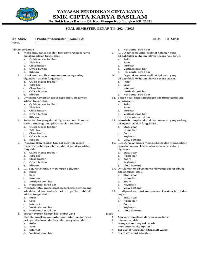 soal produktif tik kelas x xi xii 2024 | PDF