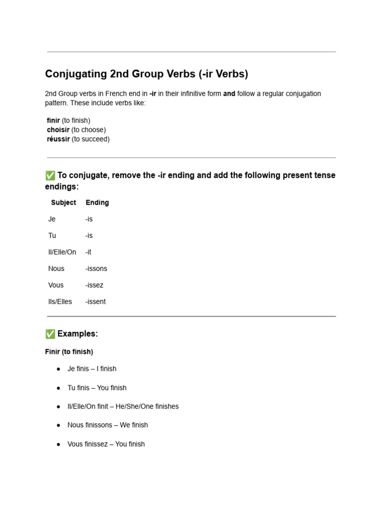 Conjugation of French 2nd Group Verbs | PDF | Grammatical Conjugation ...