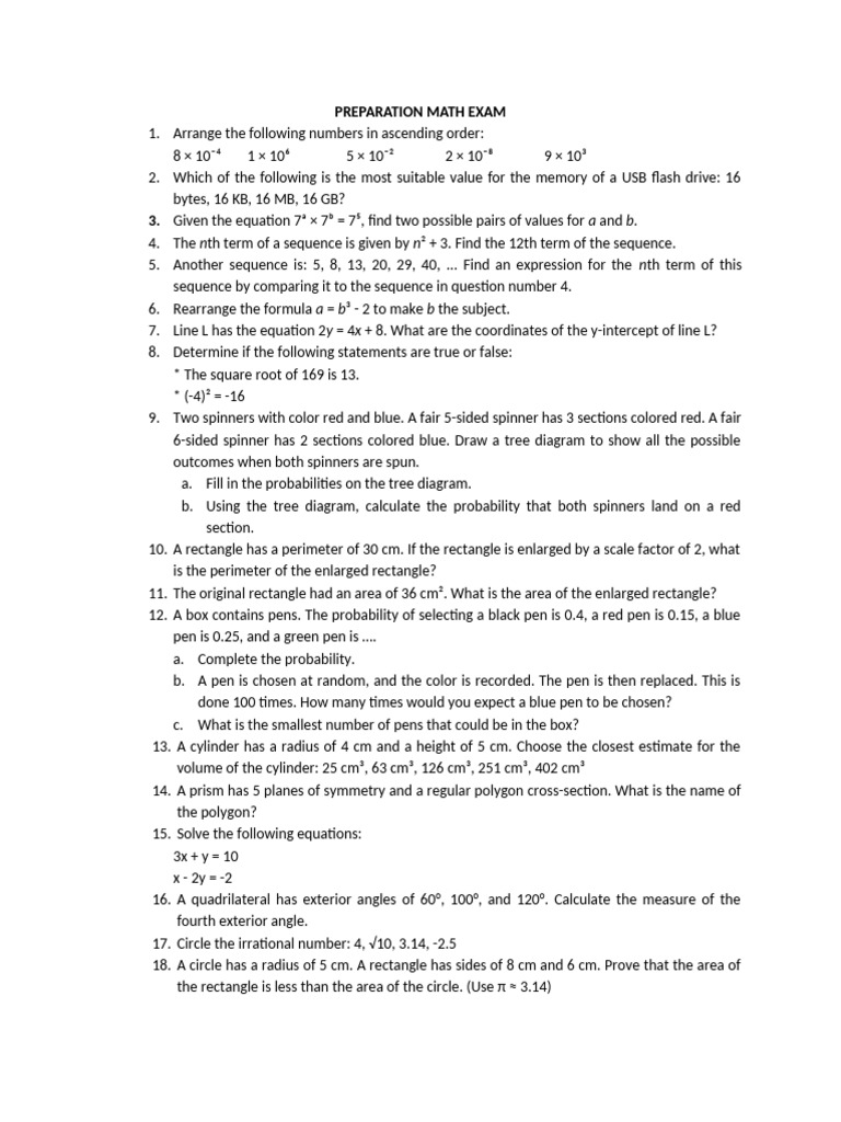 PREPARATION MATH EXAM | PDF | Circle | Area