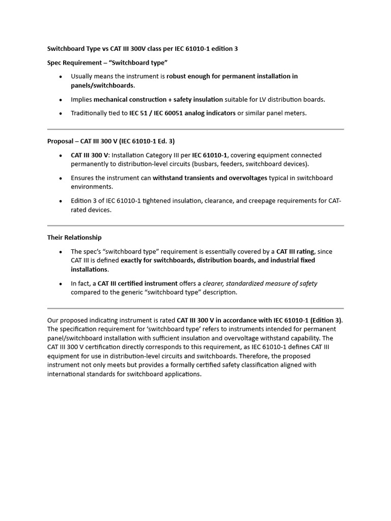 Switchboard Type Vs CAT III 300V Class Per IEC 61010-1 | PDF