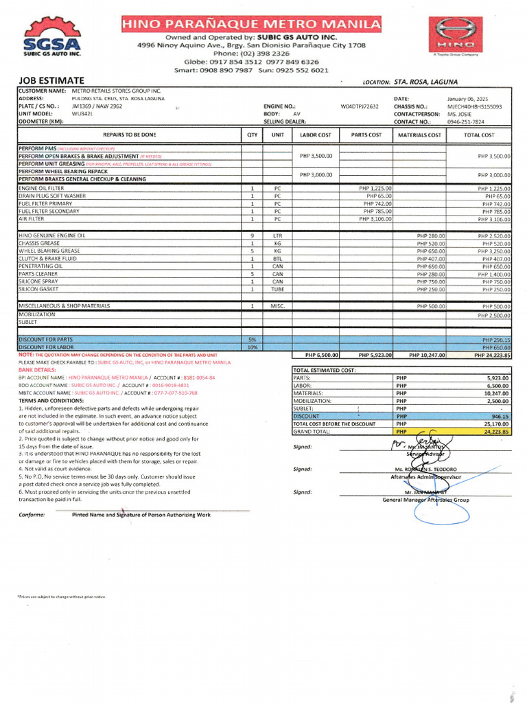 01.06.25 Metro Retails Stores Group Inc. For Naw2962 Pms Quotation | PDF