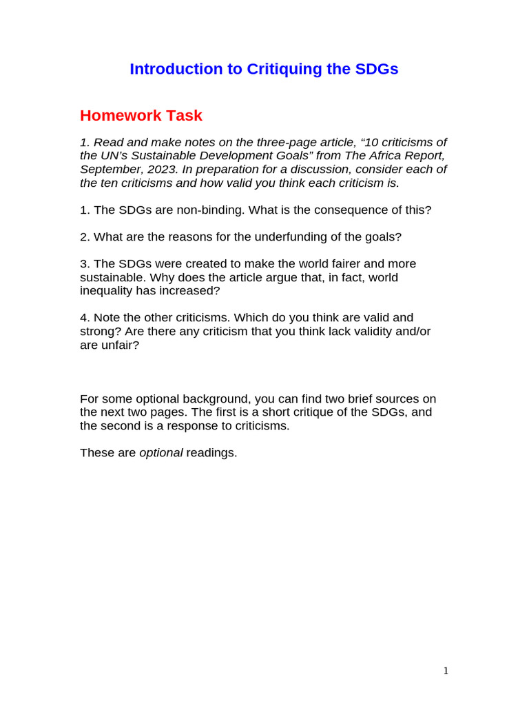 Worksheet Critiquing The SDGs | PDF | Sustainability | Economies
