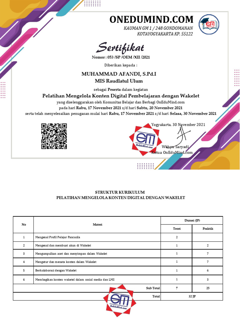 Sertifikat - Pelatihan Pengolahan Konten Digital - 32 JP - M. Afandi | PDF