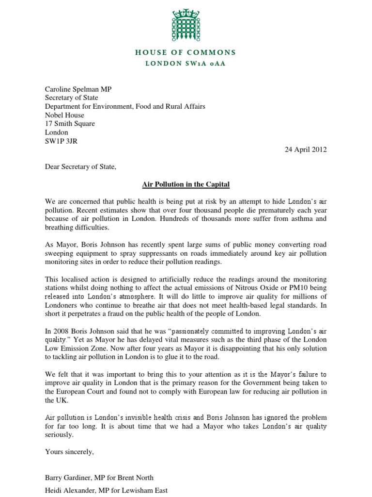 Air Pollution in London Letter | PDF | Air Pollution | Politics Of The ...