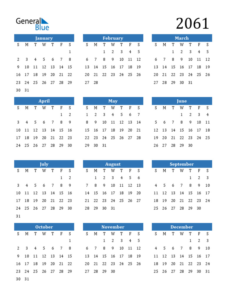 2061 Calendar Portrait Sunday Start | PDF