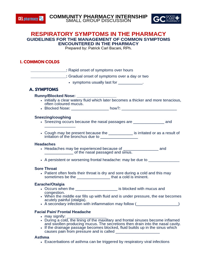 Community Pharmacy Internship Worksheet | PDF | Common Cold | Mucus