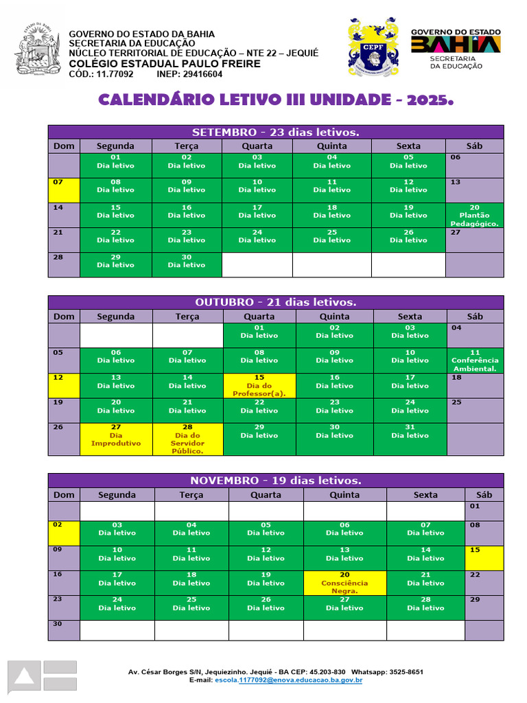 Calendário Letivo 2025 - Colégio Paulo Freire | PDF