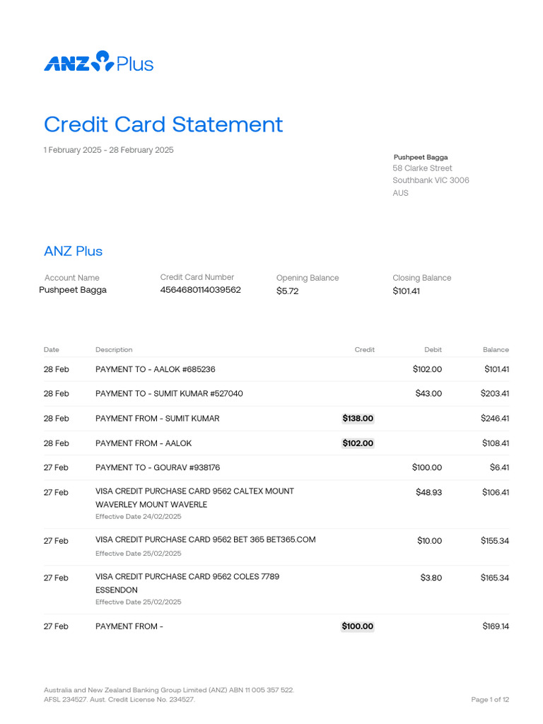 ANZ Credit Card Statement Summary | PDF | Visa Inc. | Debit Card