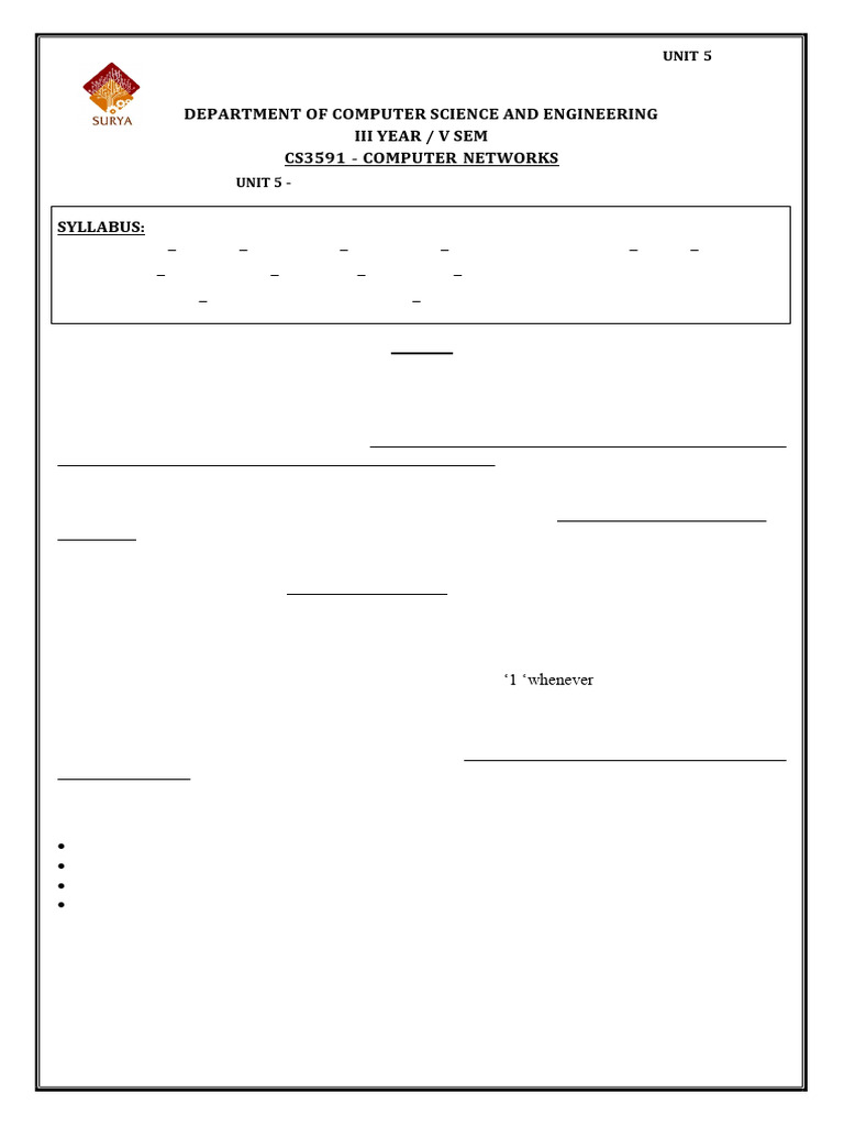 CS3591 CN Notes With QB Unit 5 | PDF | Computer Network | Network Switch