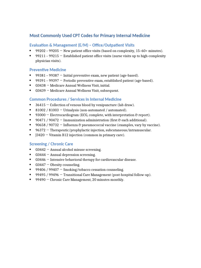 Primary Internal Medicine CPT Codes | PDF