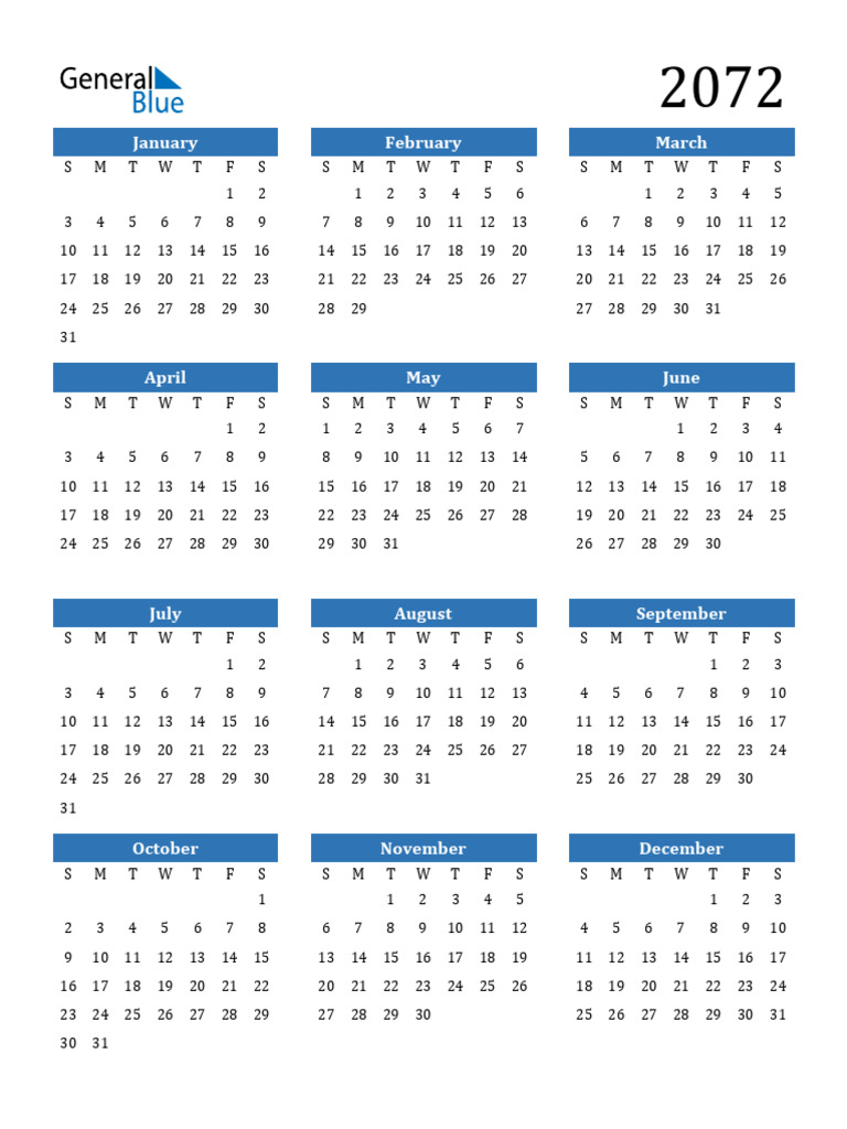 2072 Calendar Portrait Sunday Start | PDF