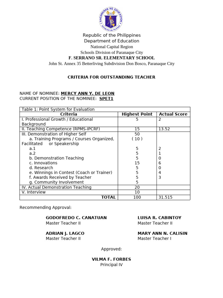 Criteria For Outstanding Teacher | PDF | Teachers | Teaching