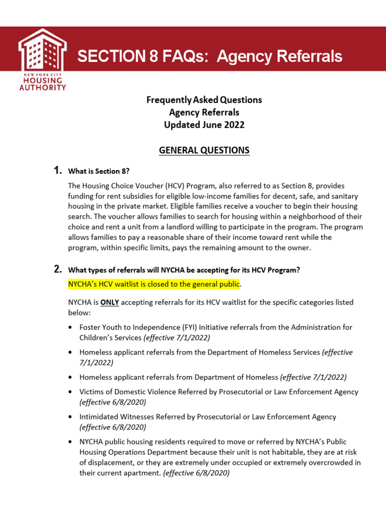 Section 8 Agency Referral FAQs | PDF | Section 8 (Housing) | Housing