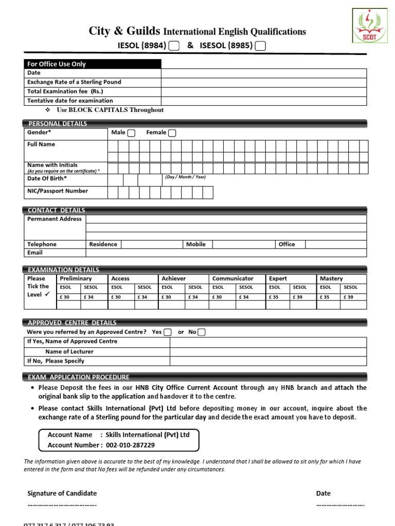 ESOL and SESOL Examination Application 2222 | PDF