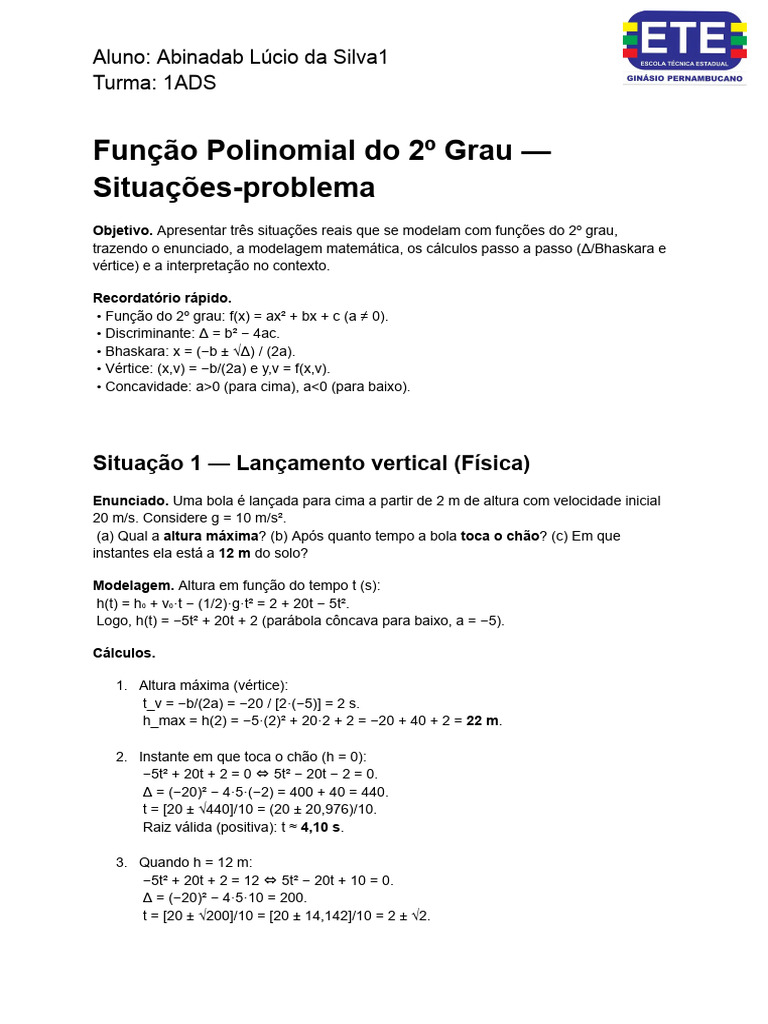 Função Polinomial Do 2º Grau — Situações-problema (1) | PDF ...