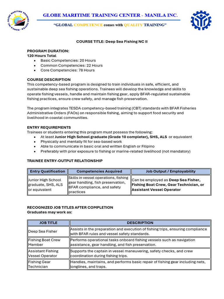 Deep Sea Fishing NC II Training Program | PDF