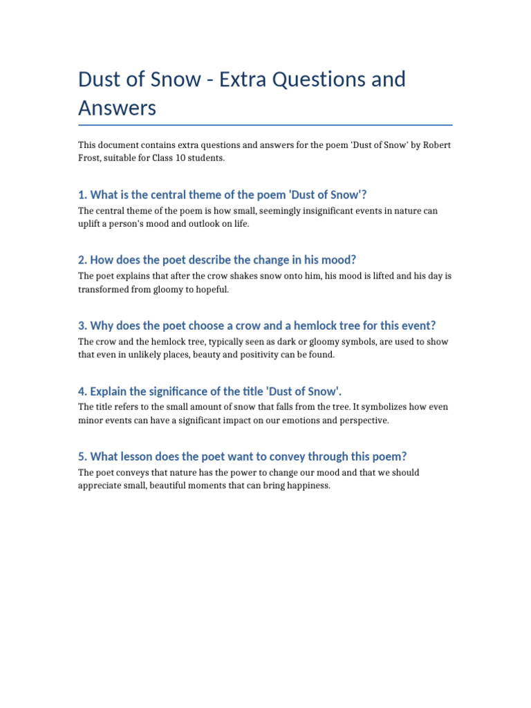Dust of Snow: Class 10 Q&A Guide | PDF