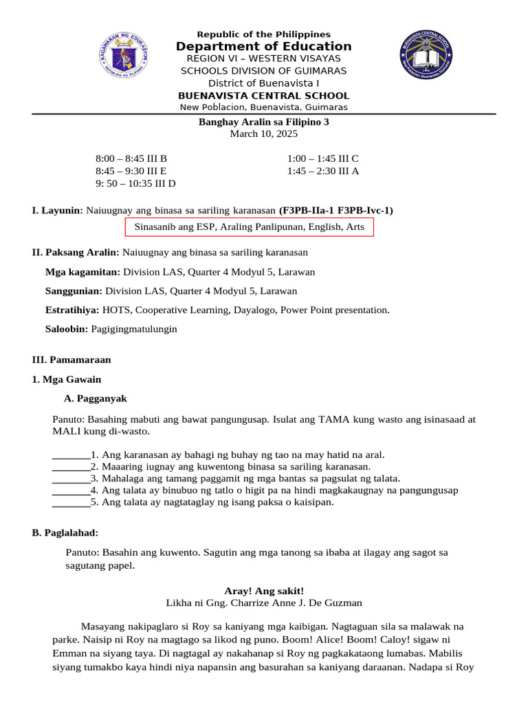 Filipino Lesson Plan QRT 4 wk4 Day 3 | PDF