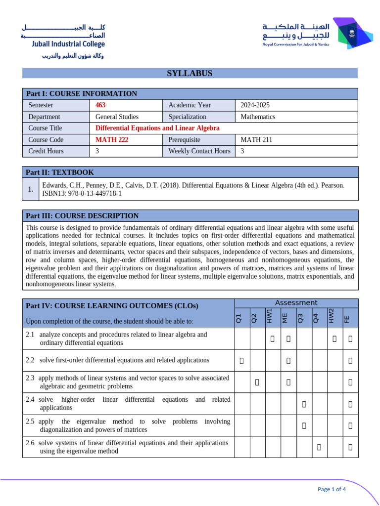 463 MATH 222 Course Updated Syllabus | PDF | Linear Algebra | Eigenvalues And Eigenvectors