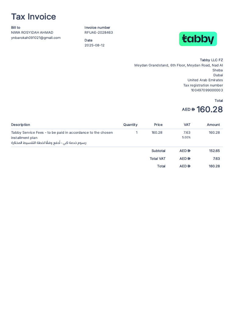 Tax Invoice for Tabby Service Fees | PDF