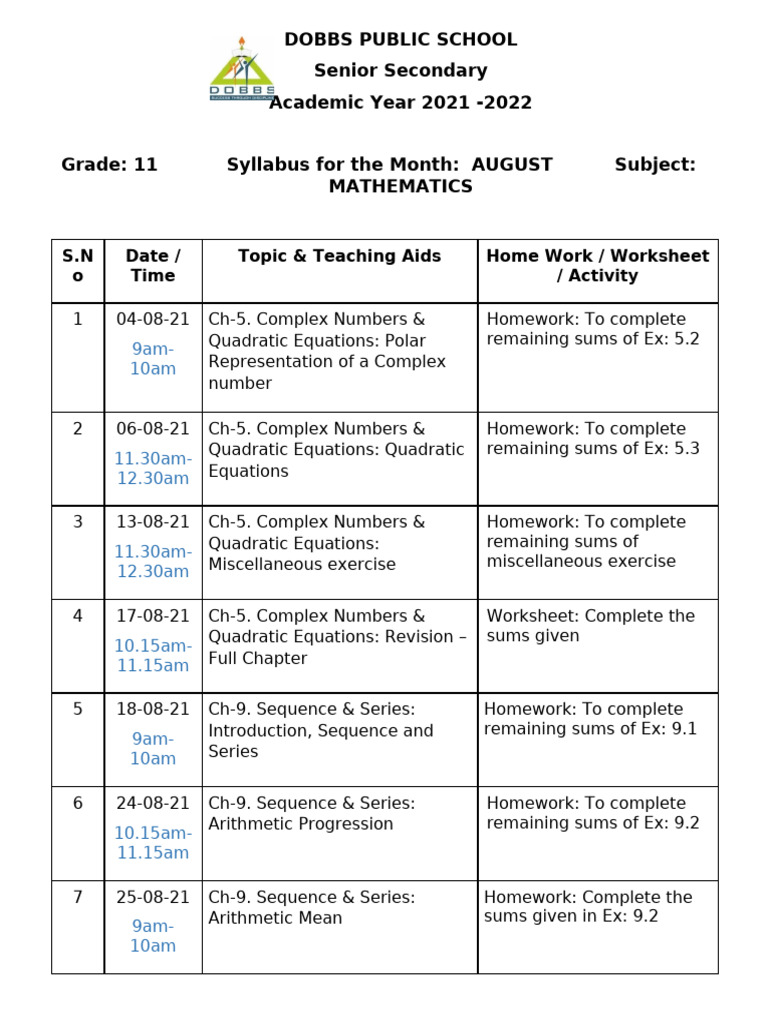 Grade 11 Math Syllabus August 2021 | PDF