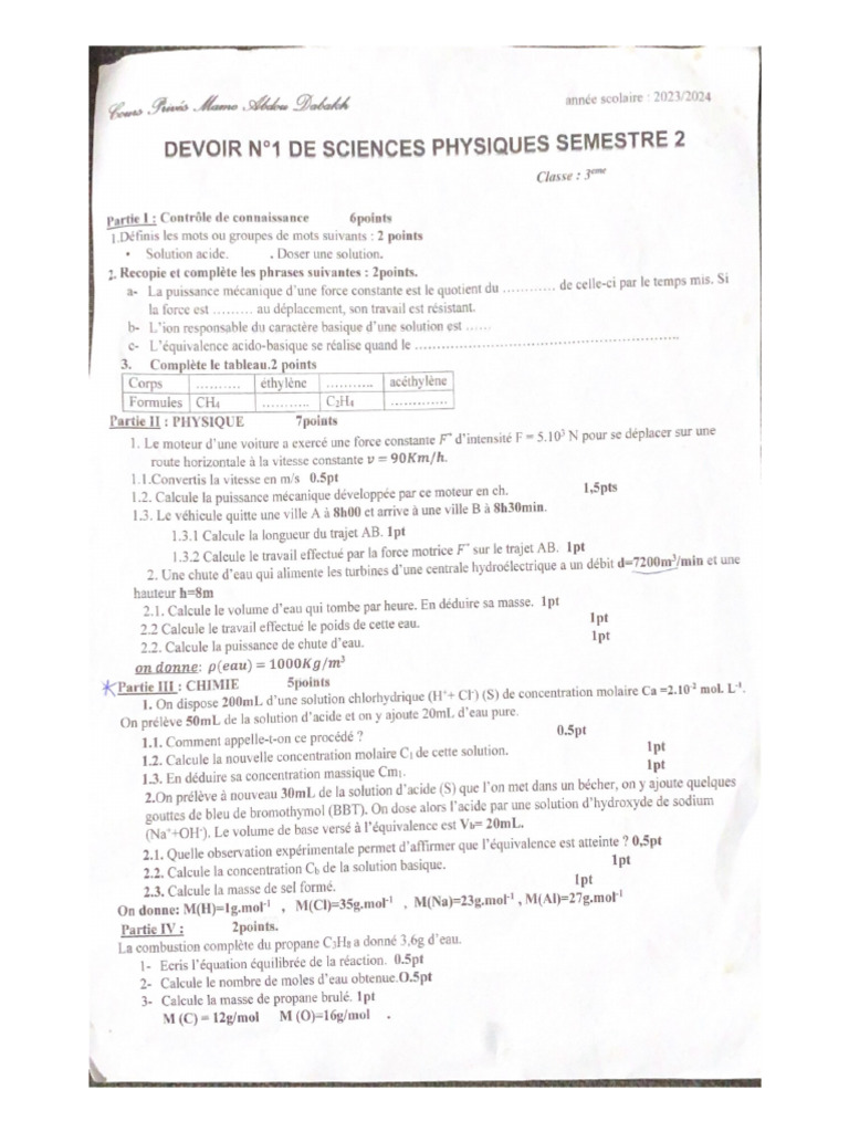 Devoir N°1 de Sciences Physiques Semestre 2 | PDF