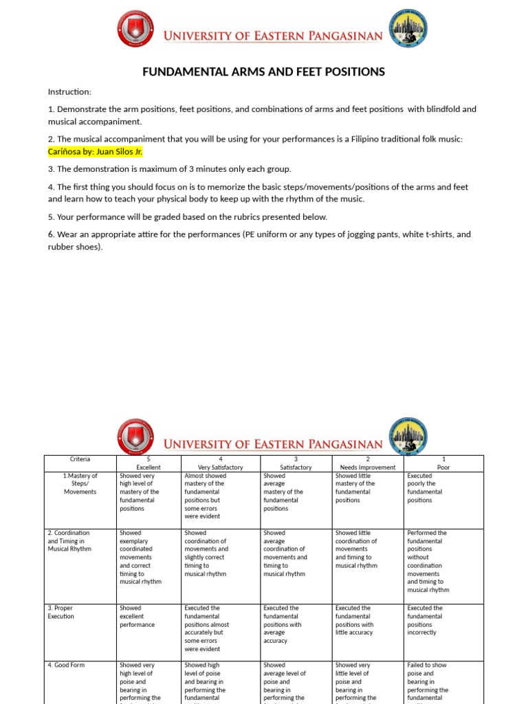 Fundamental Arms and Feet Positions Rubrics | PDF