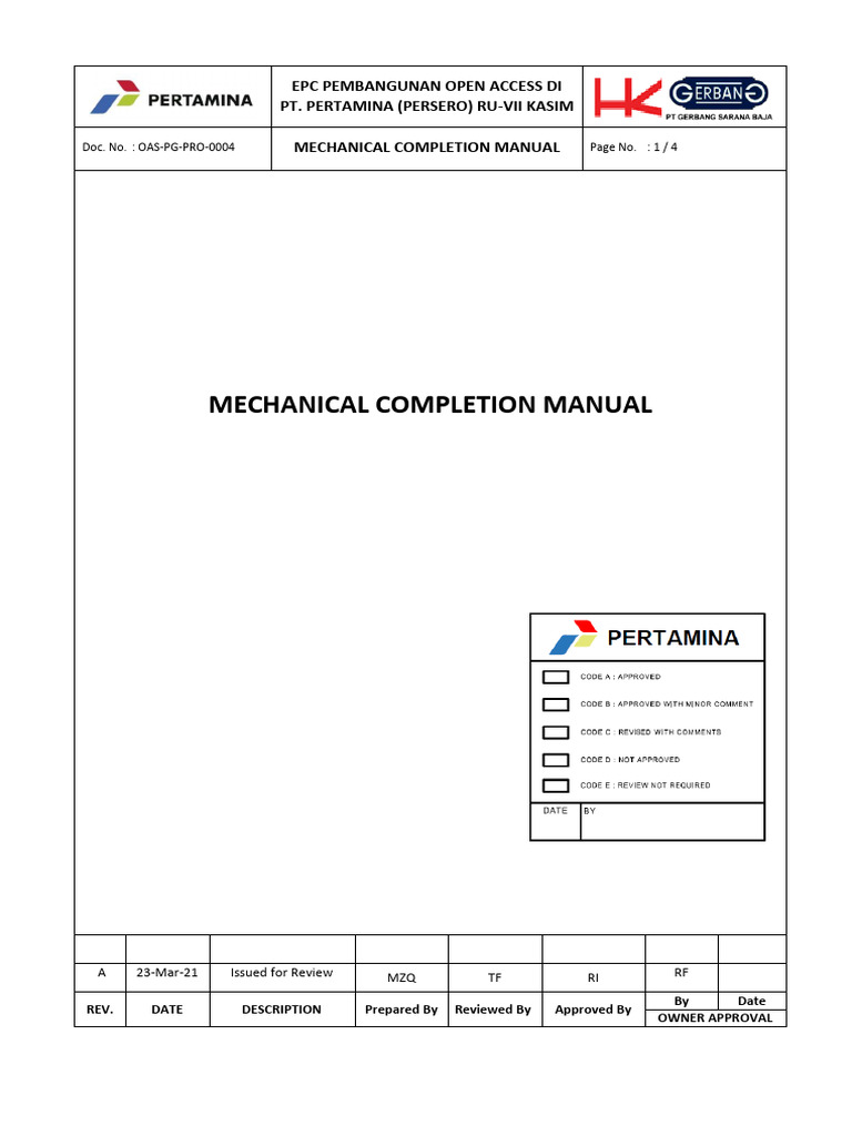 Mechanical Completion Manual for Pertamina | PDF | Pipe (Fluid ...