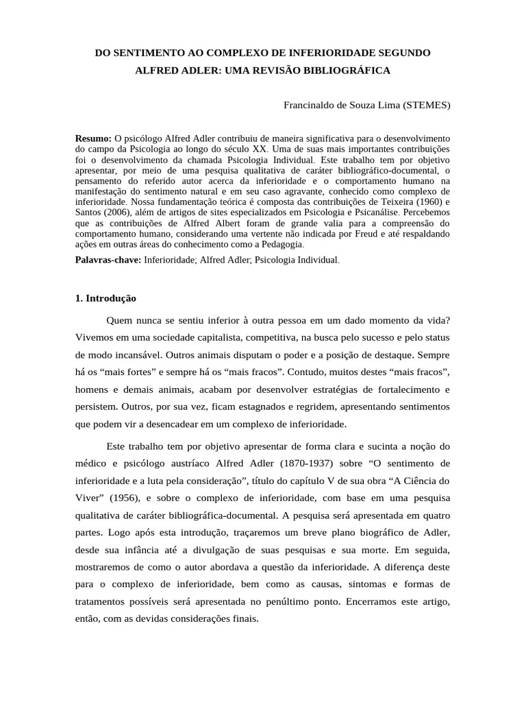 Inferioridade e Complexo em Adler | PDF | Psicologia | Psicanálise