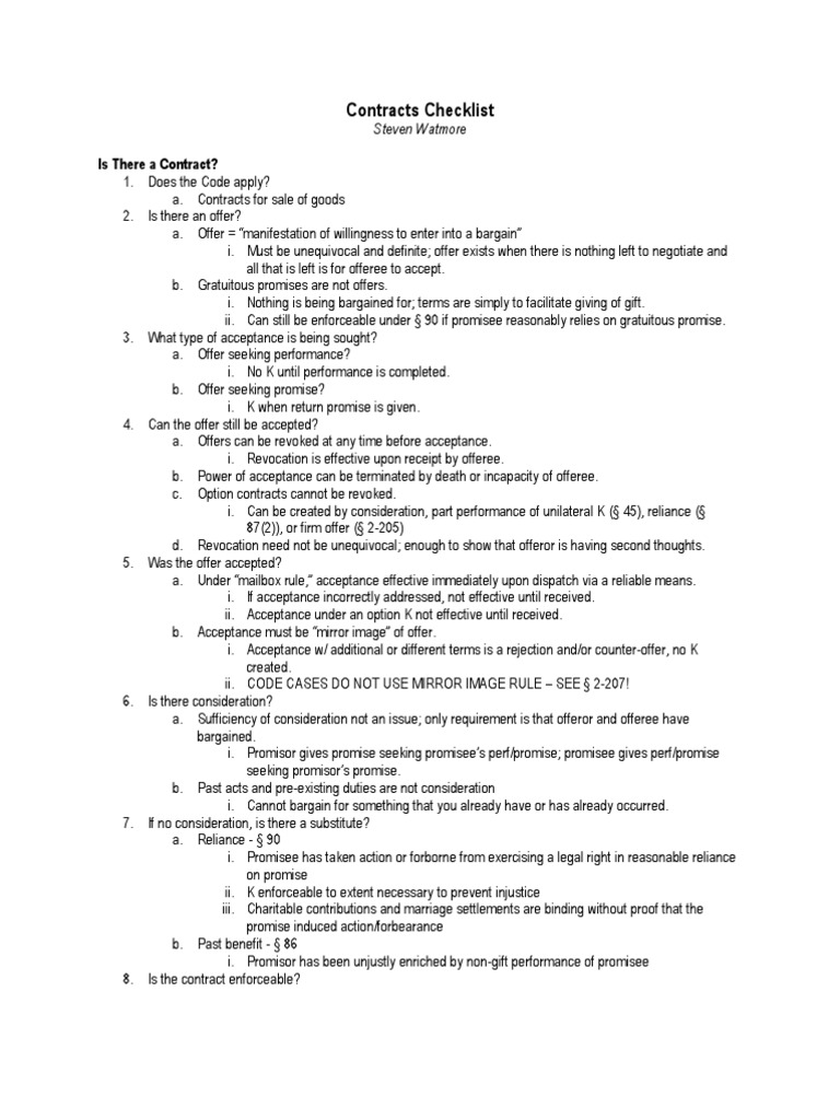 Contracts Checklist | Download Free PDF | Offer And Acceptance | Legal ...