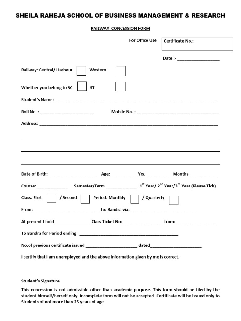 Railway Concession Form for Students | PDF