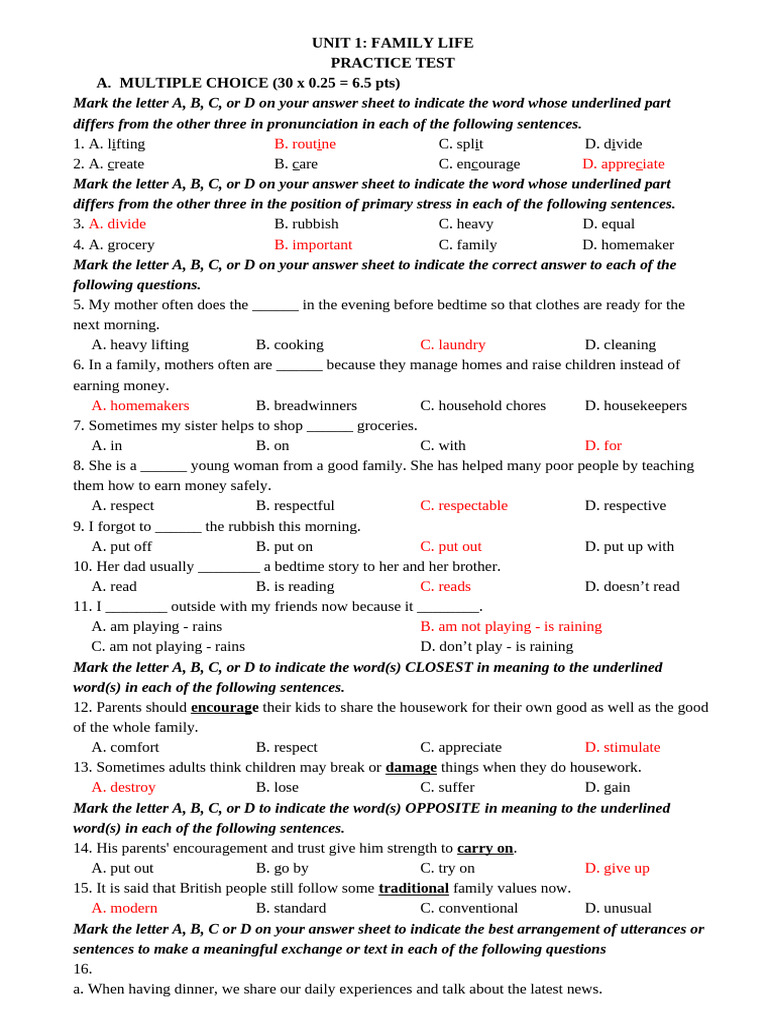 Family Life Practice Test Questions | PDF | Family | Single Parent