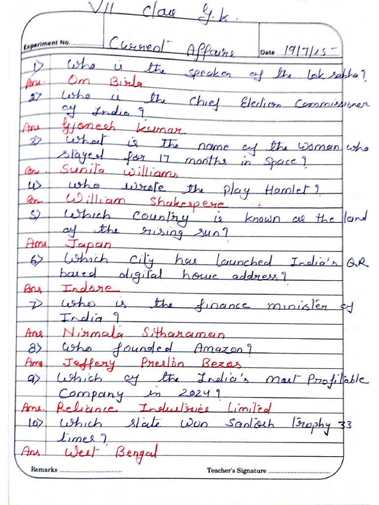 Class 7th - GK Current Affairs | PDF