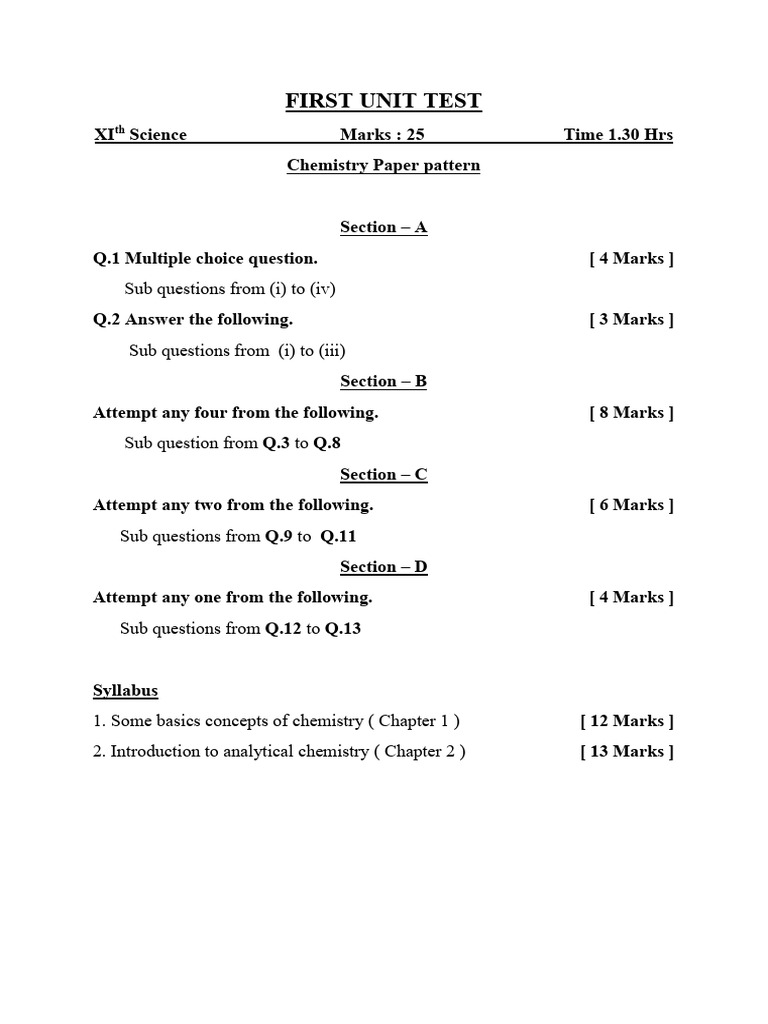 Chemistry Unit Test Paper Pattern (XI) | PDF