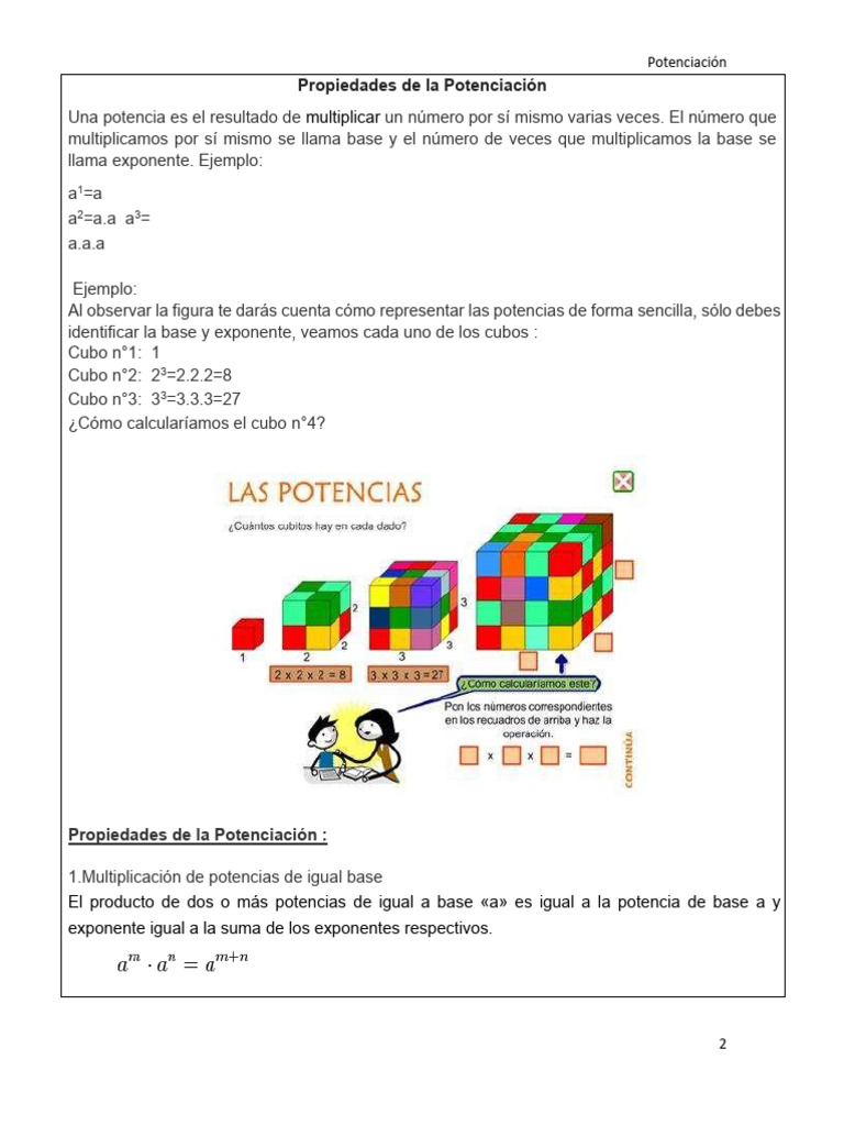 Propiedades de la Potenciación Matemática | PDF | Exponenciación ...