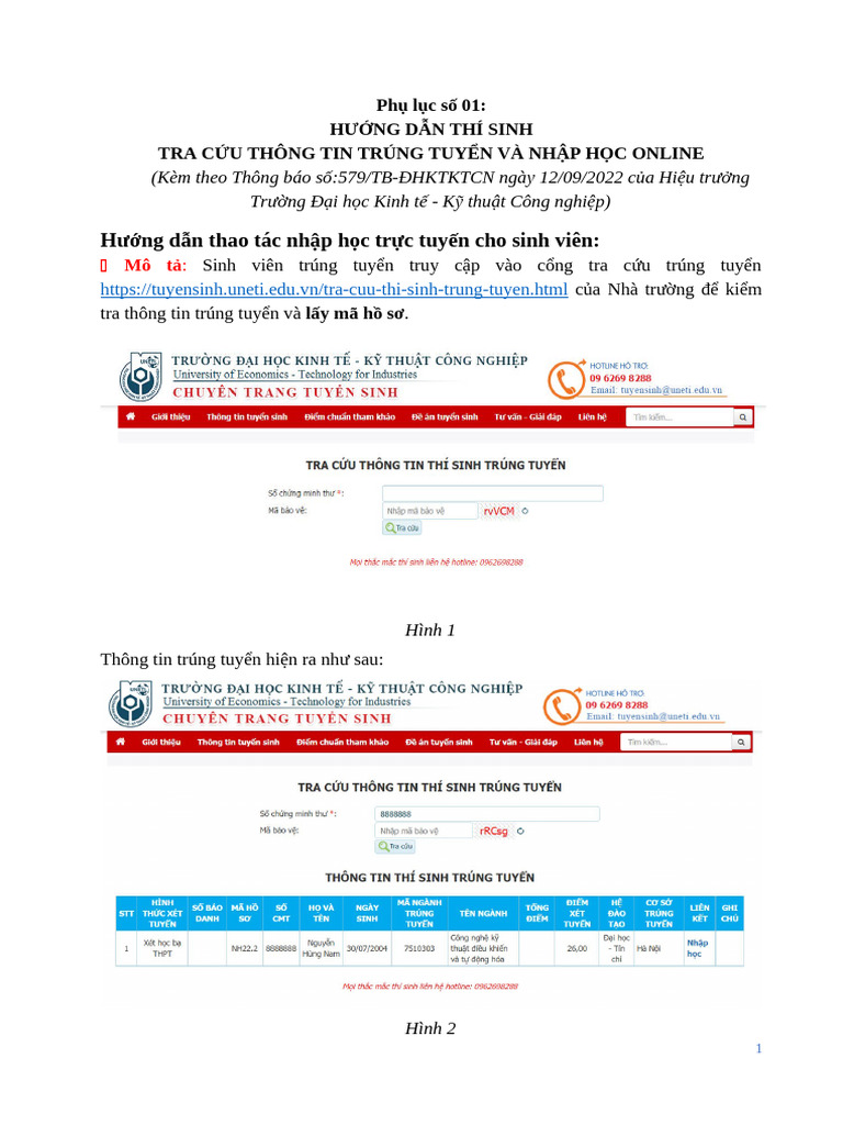 1b.phu Luc So 01. Huong Dan Thi Sinh Tra Cuu Thong Tin Trung Tuyen Va Nhap Hoc Online | PDF