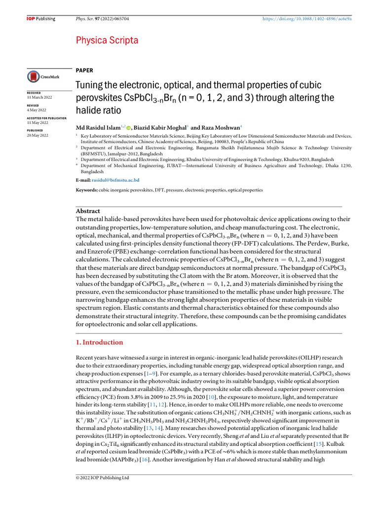 CsPbBrn-3Cln Tuning The Electronic, Optical, and Thermal Properties of ...