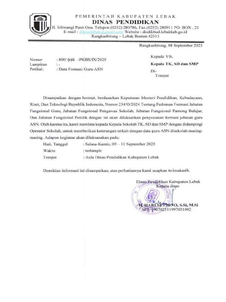 Surat Permintaan Data Formasi Guru Asn 2025 | PDF