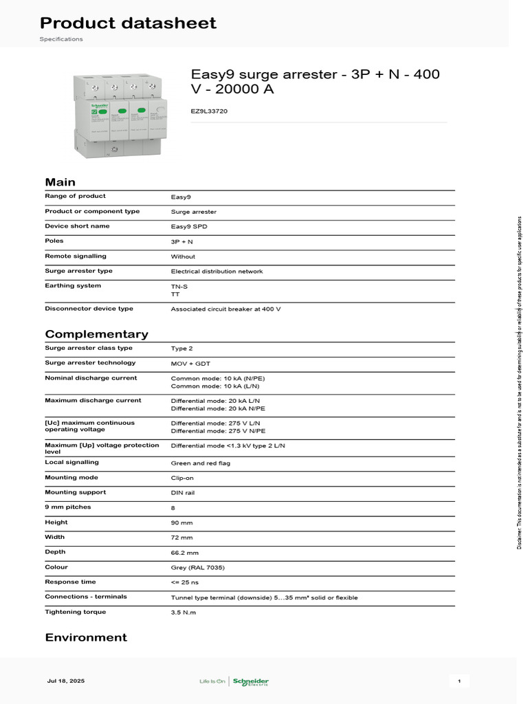 Easy9 Surge Arrester Specifications | PDF | Electronics | Power (Physics)