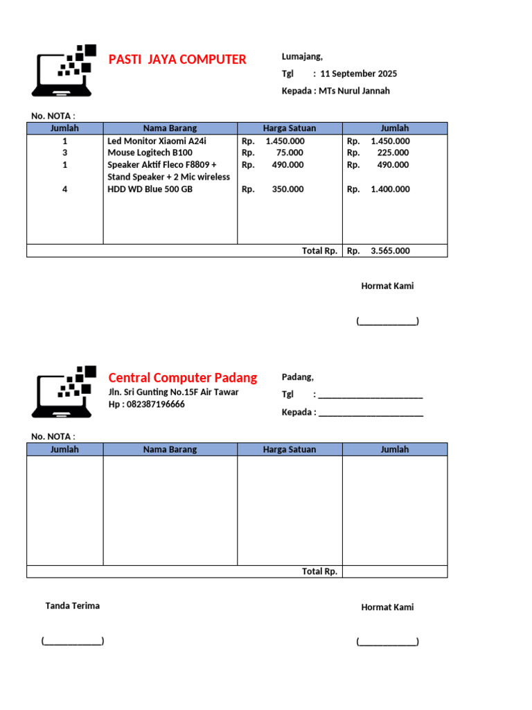 Contoh Nota Toko Komputer | PDF