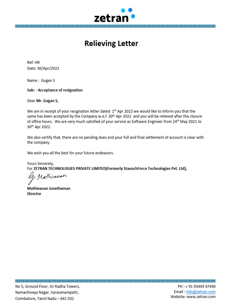 Relieving Letter for Resignation | PDF